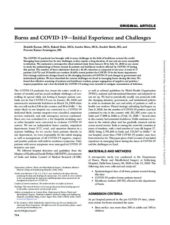 (PDF) Burns and COVID-19—Initial Experience and Challenges
