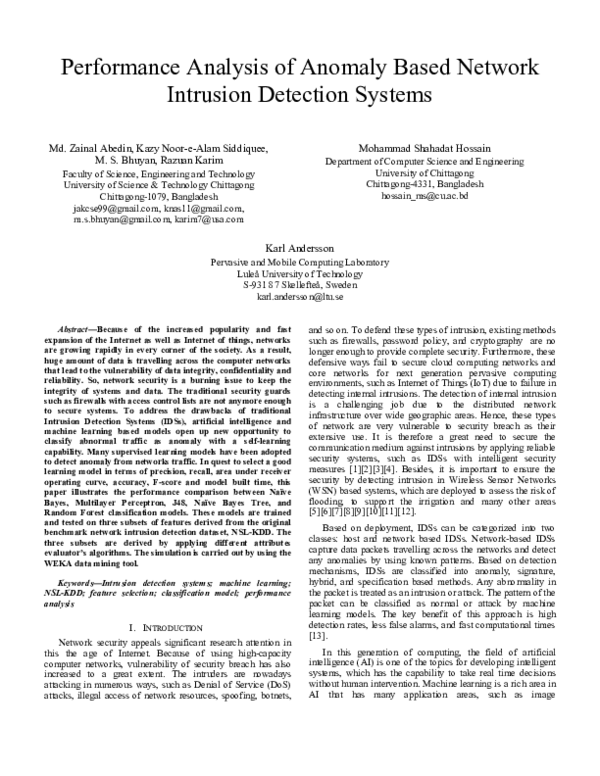 (PDF) Performance Analysis of Anomaly Based Network Intrusion Detection Systems