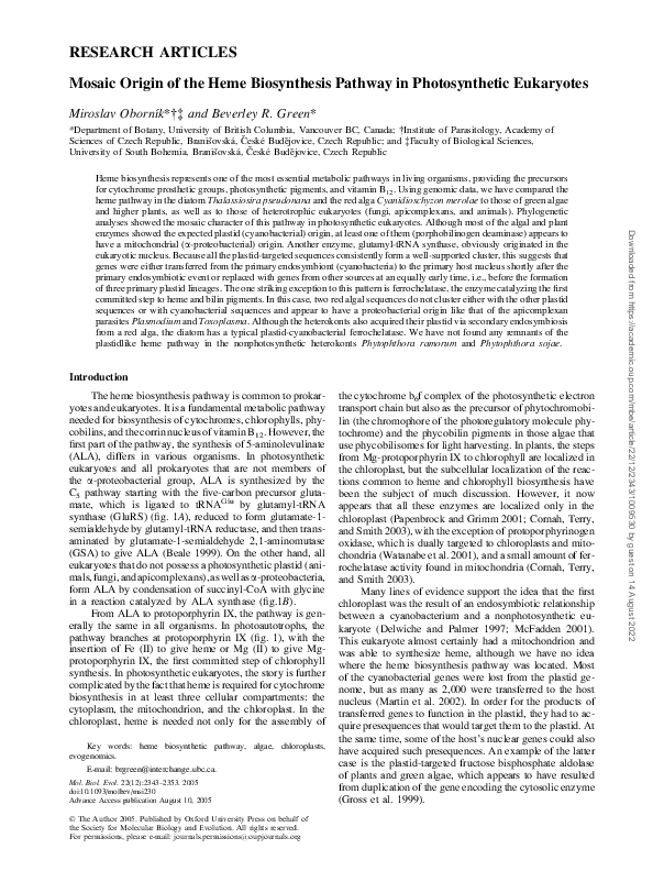 Pdf Mosaic Heme Biosynthesis In Photosynthetic Eukaryotes