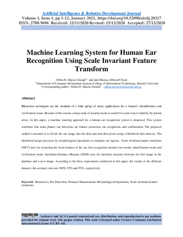 Pdf Machine Learning System For Human Ear Recognition Using Scale Invariant Feature 2415