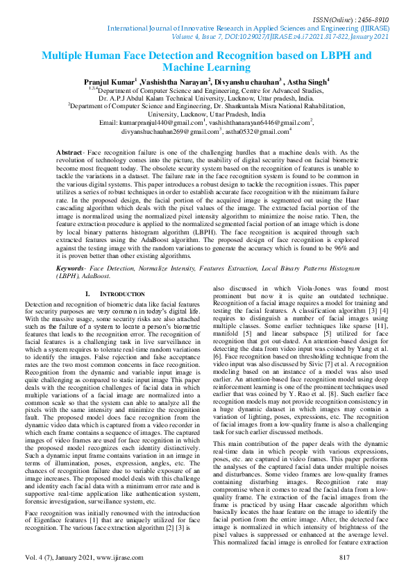 Pdf Multiple Human Face Detection And Recognition Based On Lbph And Machine Learning Pranjul