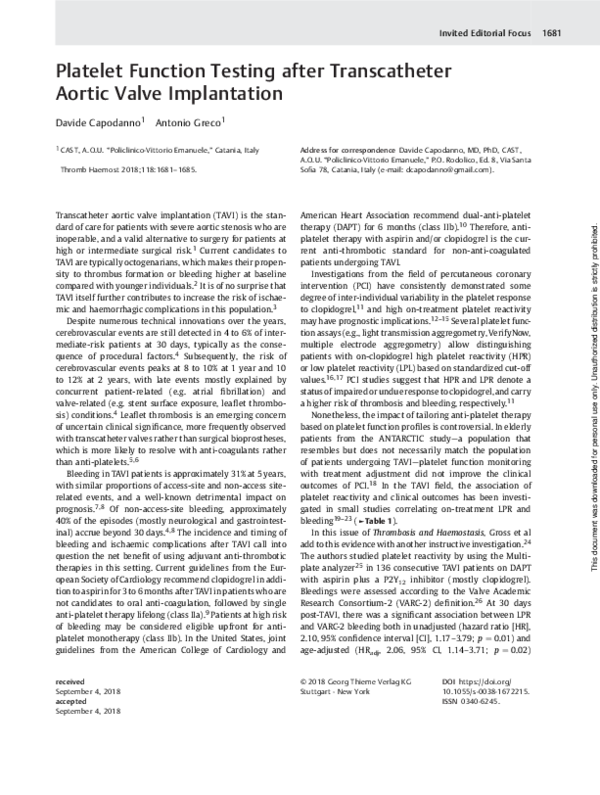(PDF) Platelet Function Testing after Transcatheter Aortic Valve ...