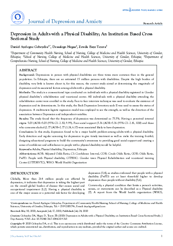 (PDF) Depression in Adults with a Physical Disability; An Institution ...