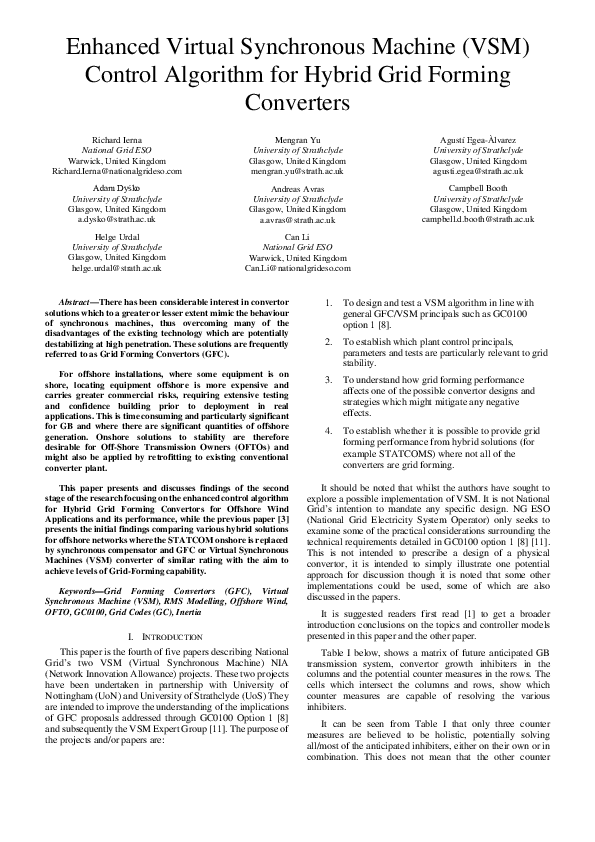(PDF) Enhanced virtual synchronous machine (VSM) control algorithm for hybrid grid forming ...