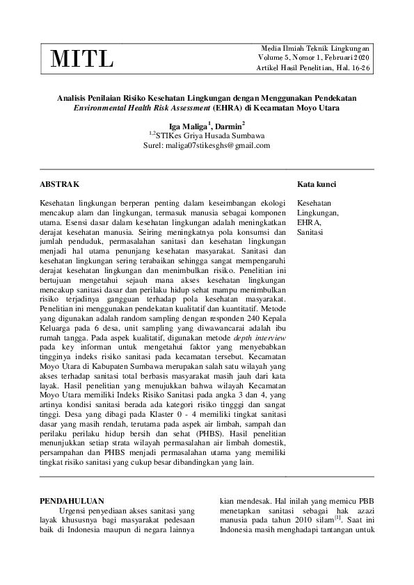 (PDF) Analisis Penilaian Risiko Kesehatan Lingkungan dengan Menggunakan ...