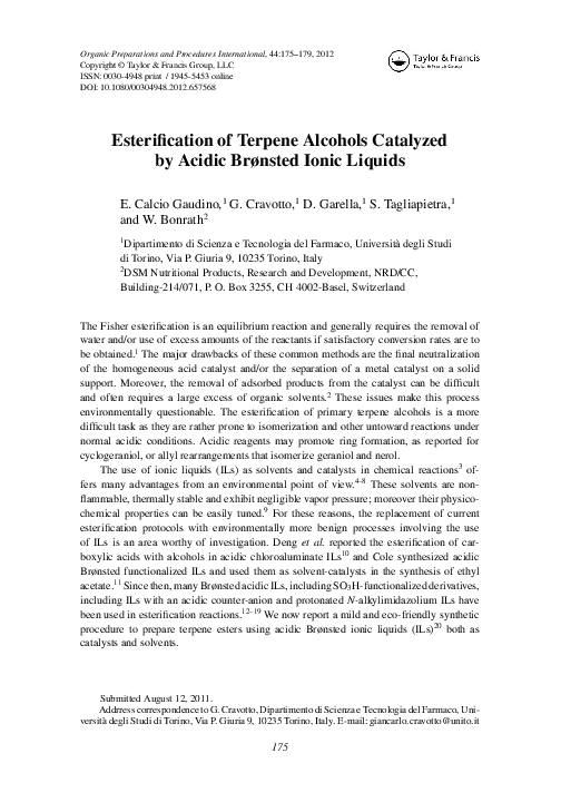 (PDF) Esterification of Terpene Alcohols Catalyzed by Acidic Brønsted Ionic Liquids