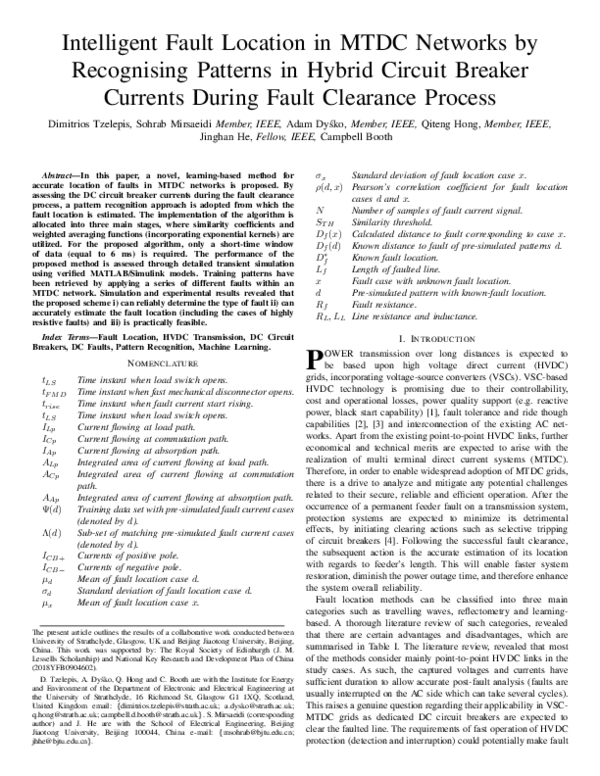 Pdf Intelligent Fault Location In Mtdc Networks By Recognizing Patterns In Hybrid Circuit