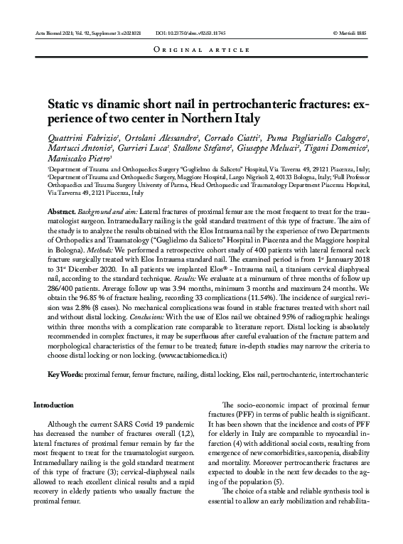 (PDF) Static vs dinamic short nail in pertrochanteric fractures: experience of two center in ...