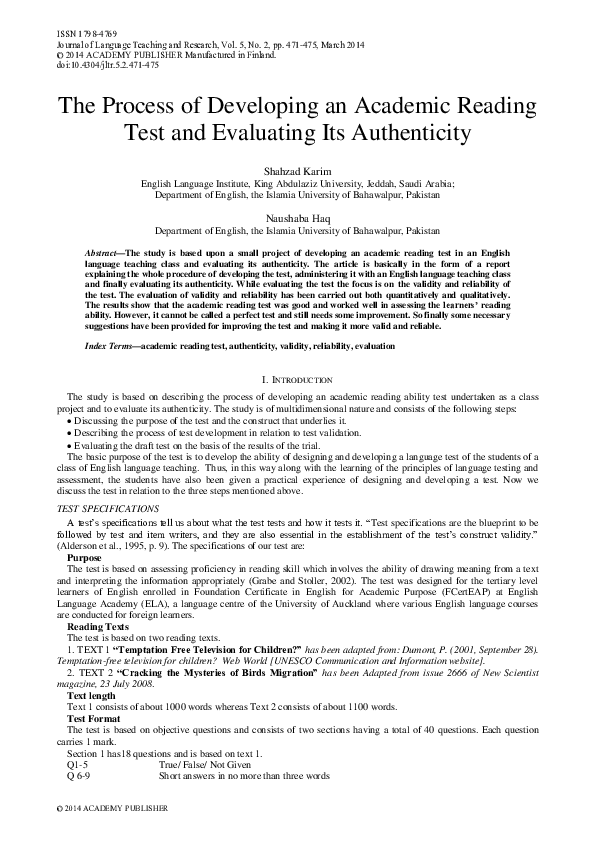 (PDF) The Process of Developing an Academic Reading Test and Evaluating ...