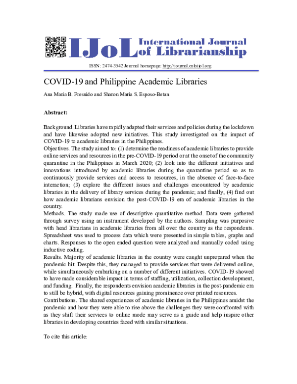 (PDF) COVID-19 and Philippine Academic Libraries