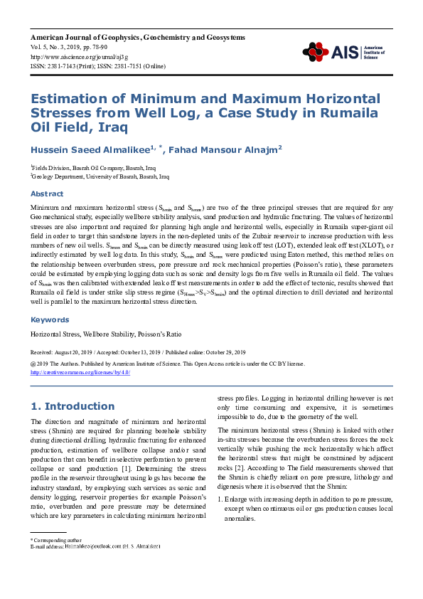 (PDF) Estimation of Minimum and Maximum Horizontal Stresses from Well Log, a Case Study in ...