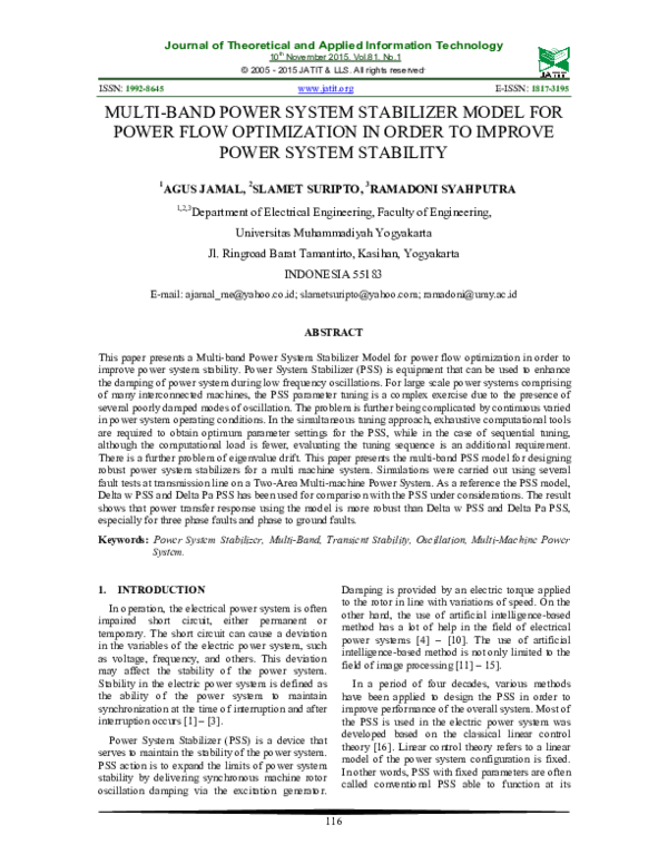 (PDF) Multi-Band Power System Stabilizer Model for Power Flow Optimization in Order to Improve ...