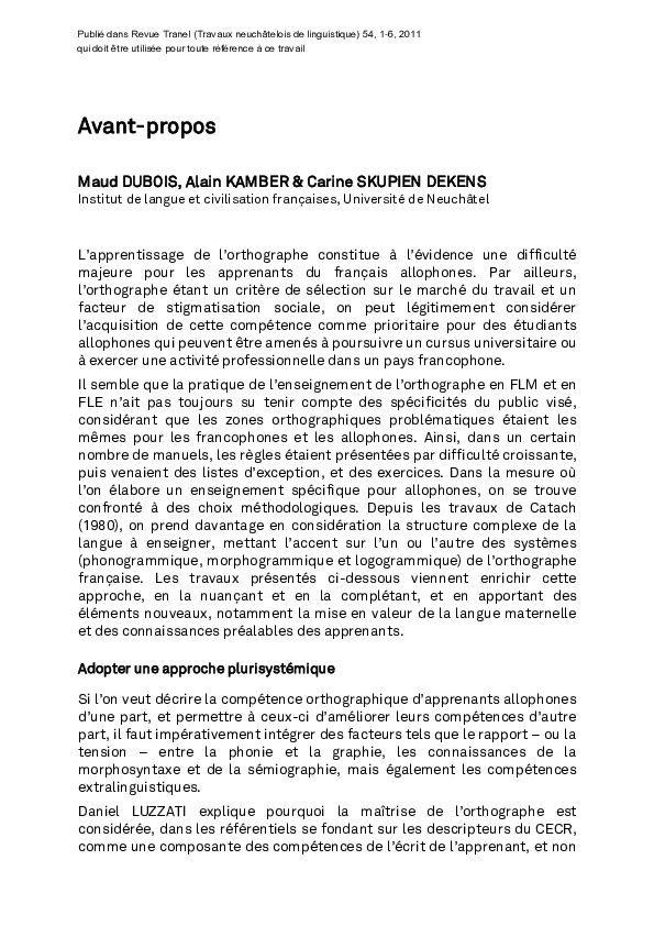 (PDF) Avant-propos [de : L'enseignement de l'orthographe en FLE]