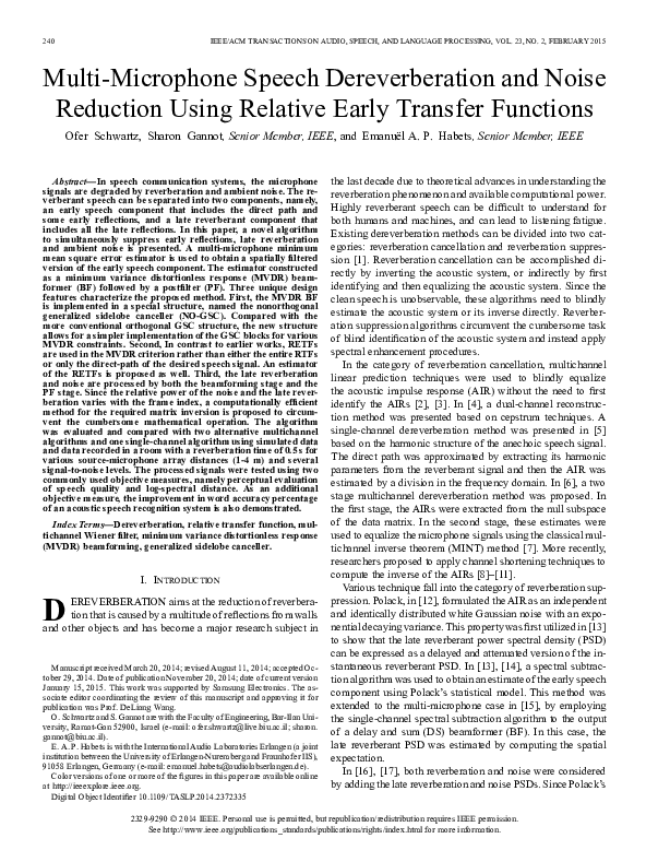 (PDF) Multi-Microphone Speech Dereverberation and Noise Reduction Using Relative Early Transfer ...