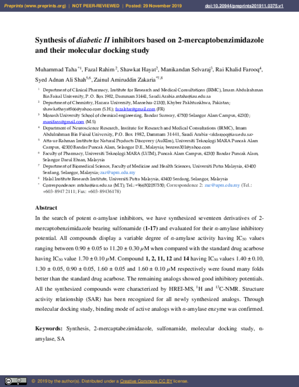 (PDF) Synthesis of piperazine sulfonamide analogs as diabetic-II inhibitors and their molecular ...