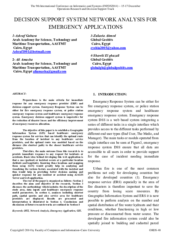 (PDF) Decision support system network analysis for emergency applications