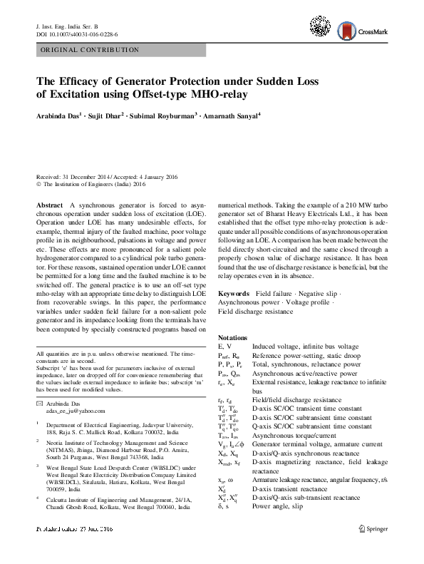 (PDF) The Efficacy of Generator Protection under Sudden Loss of ...