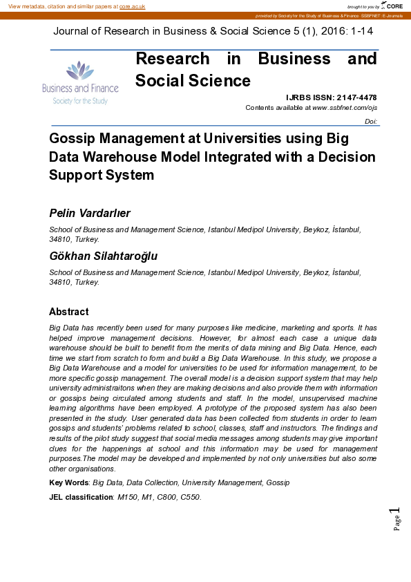 (PDF) Gossip Management at Universities Using Big Data Warehouse Model ...