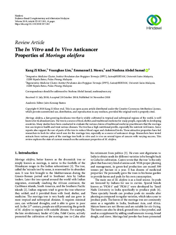 (PDF) The In Vitro and In Vivo Anticancer Properties of Moringa oleifera