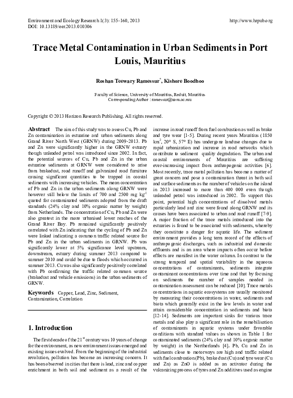 (PDF) Trace Metal Contamination in Urban Sediments in Port Louis, Mauritius