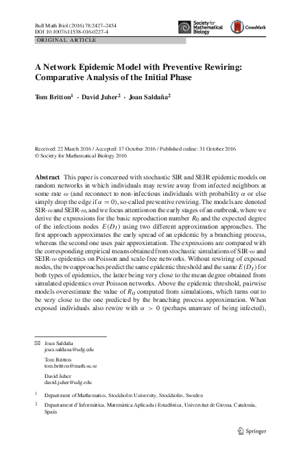 Pdf A Network Epidemic Model With Preventive Rewiring Comparative Analysis Of The Initial Phase