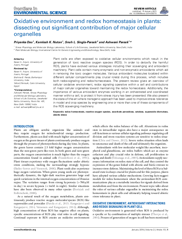 (PDF) Oxidative environment and redox homeostasis in plants: dissecting ...