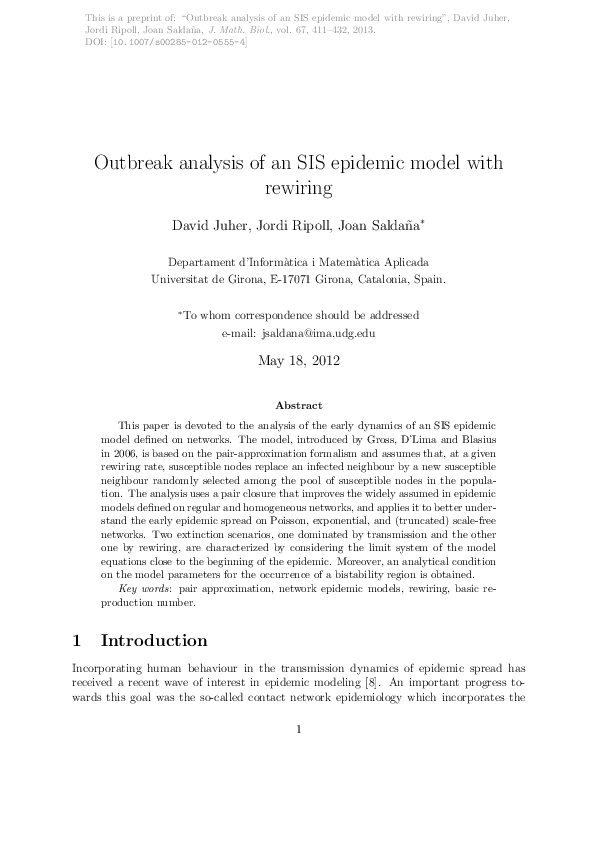 (PDF) Outbreak analysis of an SIS epidemic model with rewiring | Joan Saldaña - Academia.edu