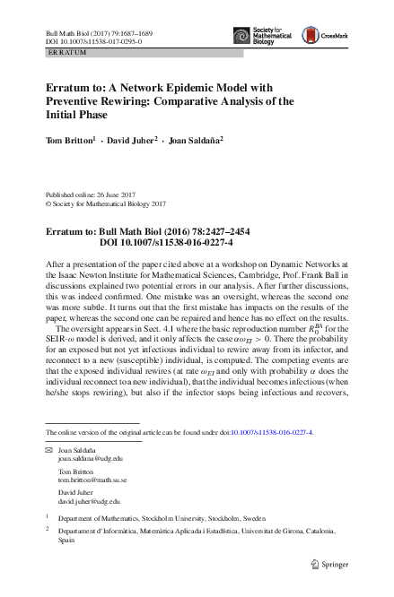 (PDF) Erratum to: A Network Epidemic Model with Preventive Rewiring ...