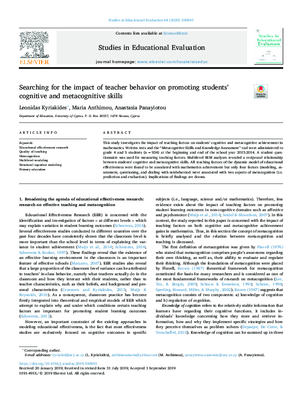 (PDF) Searching for the impact of teacher behavior on promoting students’ cognitive and ...