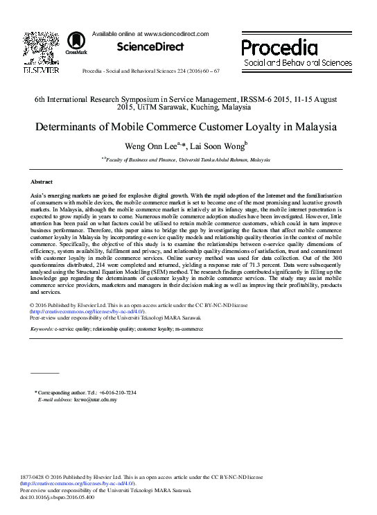 Pdf Determinants Of Mobile Commerce Customer Loyalty In Malaysia