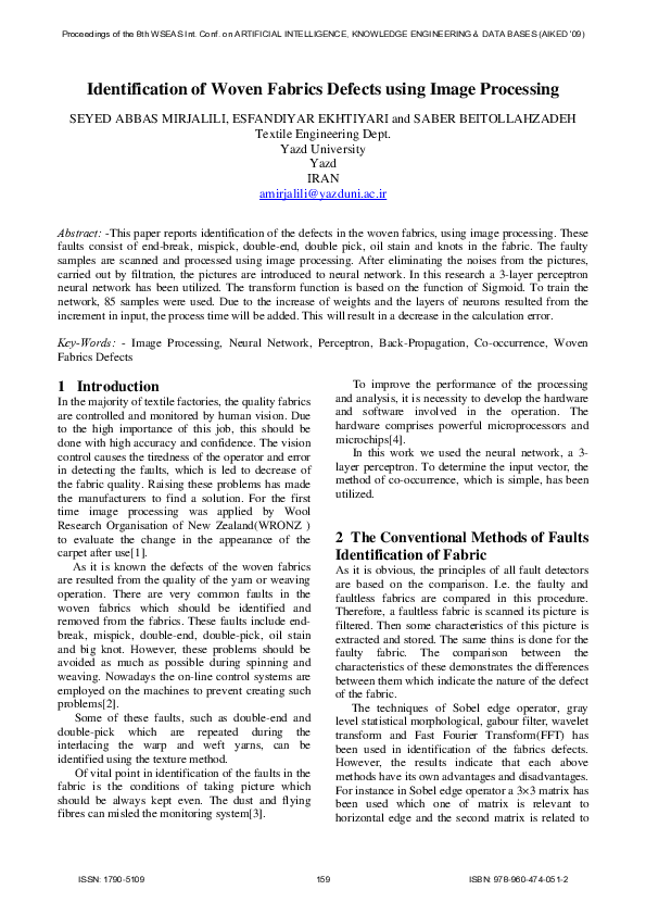 Pdf Identification Of Woven Fabrics Defects Using Image Processing