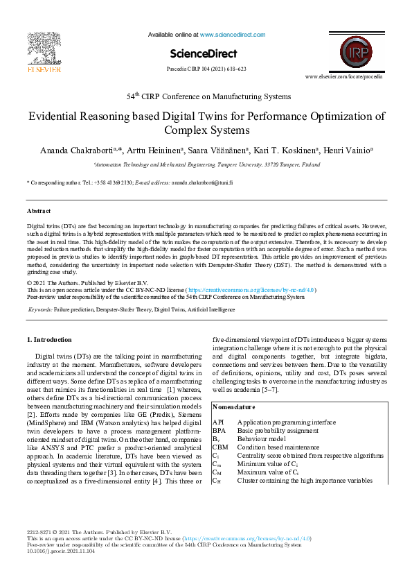 (PDF) Evidential Reasoning based Digital Twins for Performance Optimization of Complex Systems