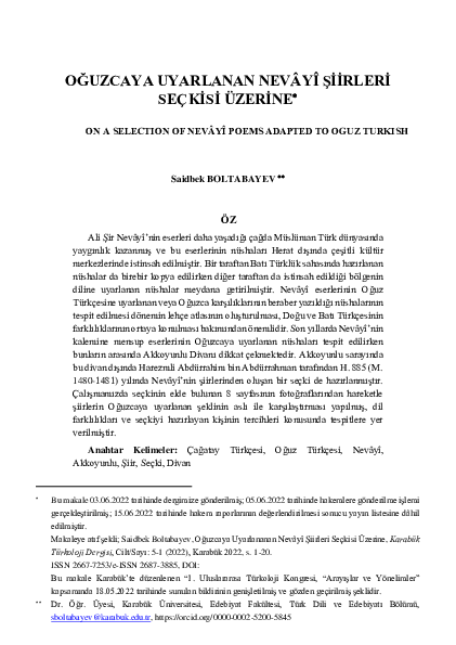 (PDF) Oğuzcaya Uyarlanan Nevâyî Şiirleri Seçkisi Üzerine