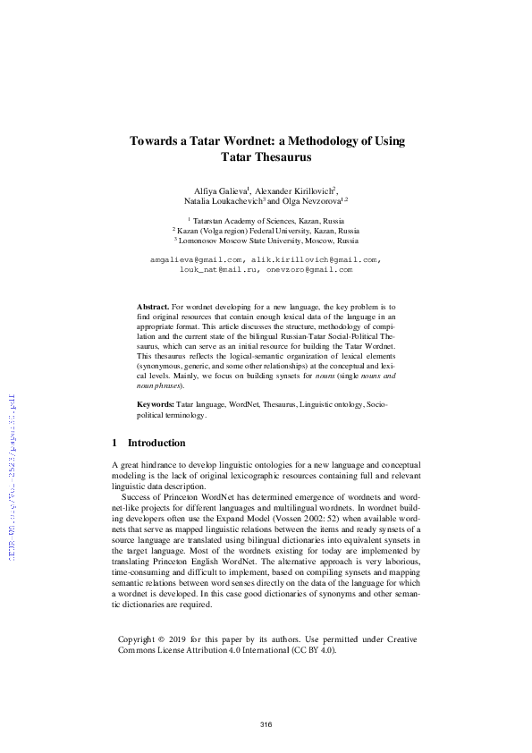 (PDF) Towards a Tatar Wordnet: a Methodology of Using Tatar Thesaurus ...