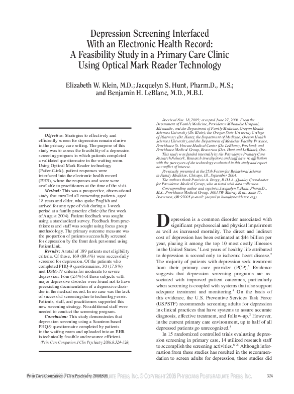 (PDF) Depression Screening Interfaced With an Electronic Health Record