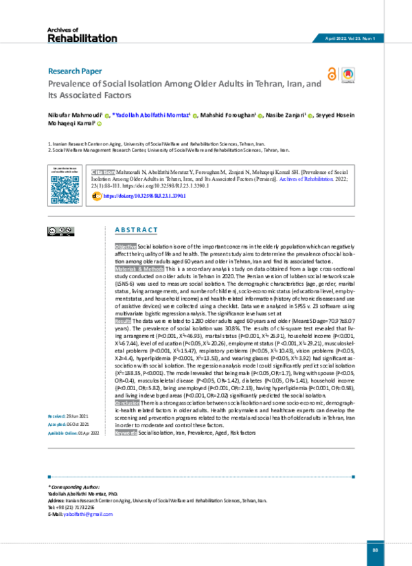 (PDF) Prevalence of Social Isolation Among Older Adults in Tehran, Iran ...