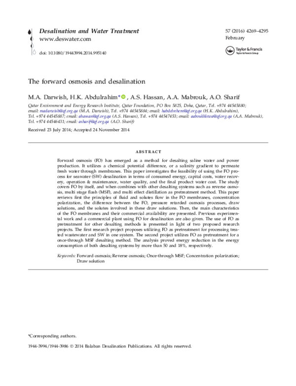 (PDF) The forward osmosis and desalination