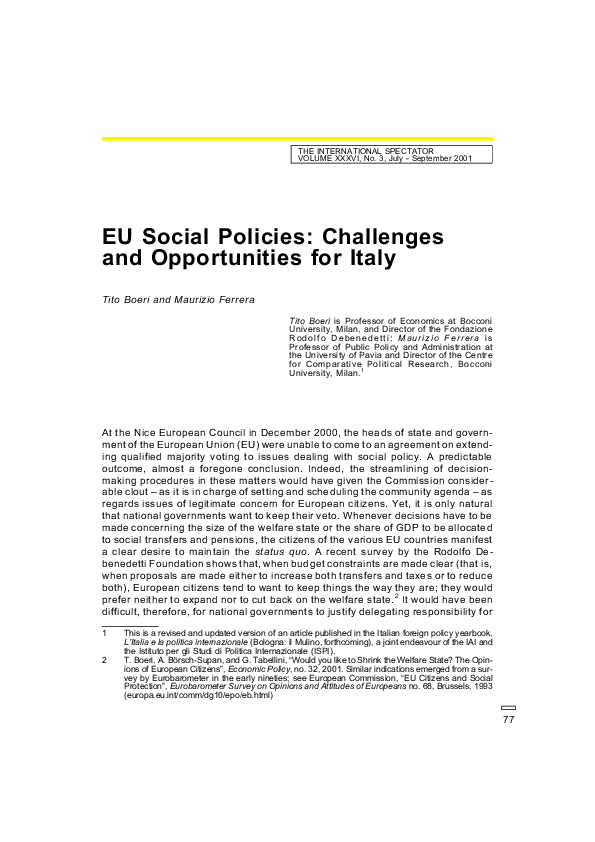 (PDF) EU Social policies: Challenges and opportunities for Italy