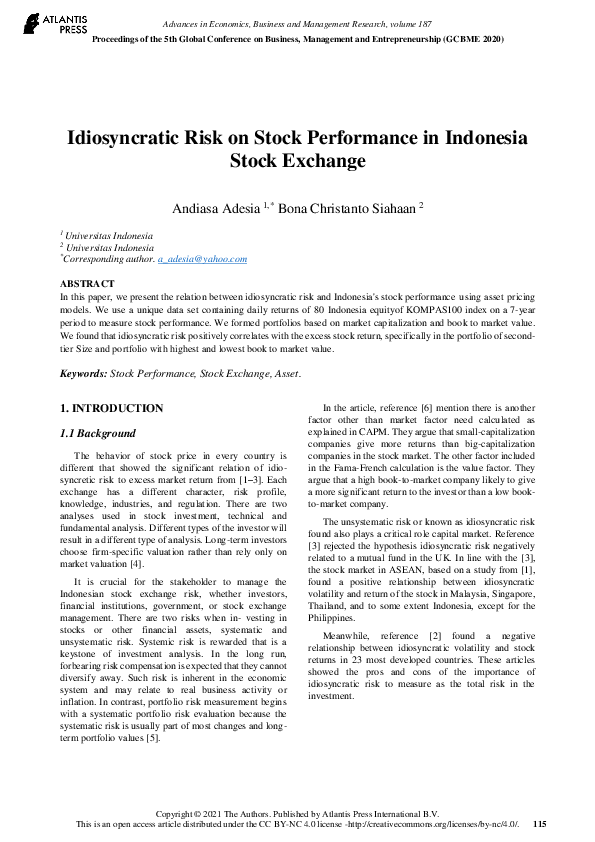 (PDF) Idiosyncratic Risk on Stock Performance in Indonesia Stock Exchange