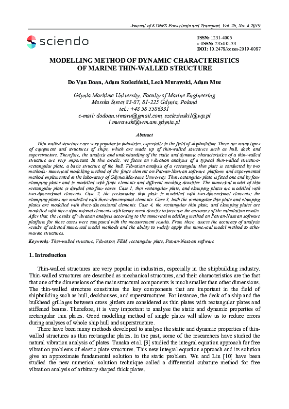 Pdf Modelling Method Of Dynamic Characteristics Of Marine Thin Walled Structure