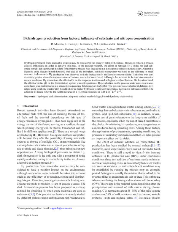 (PDF) Biohydrogen Production from Lactose: Influence of Substrate and ...