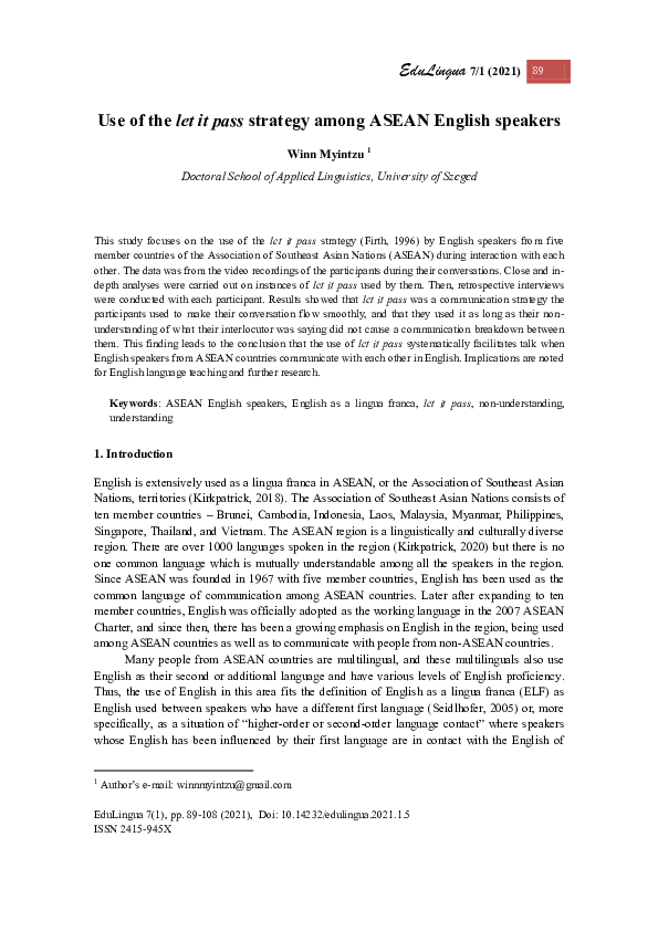 (PDF) Use of the let it pass strategy among ASEAN English speakers