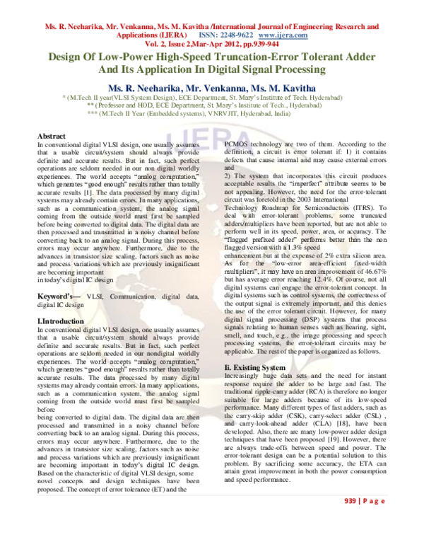 Pdf Design Of Low Power High Speed Truncation Error Tolerant Adder And Its Application In