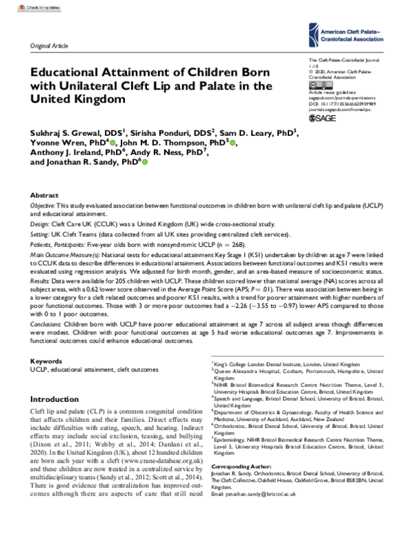 (PDF) Educational Attainment of Children Born with Unilateral Cleft Lip and Palate in the United ...