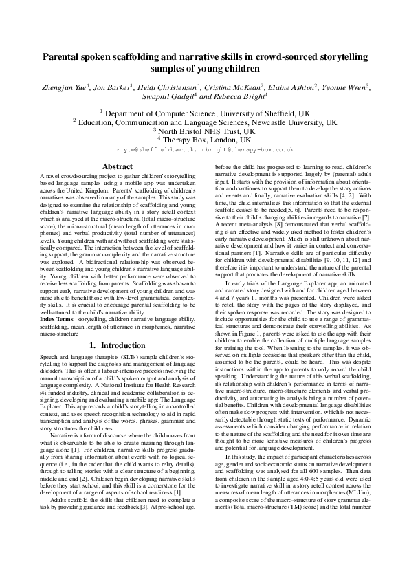 (PDF) Parental Spoken Scaffolding and Narrative Skills in Crowd-Sourced Storytelling Samples of ...