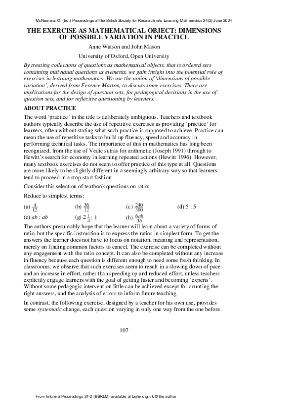 (PDF) The Exercise as Mathematical Object: Dimensions of Possible ...