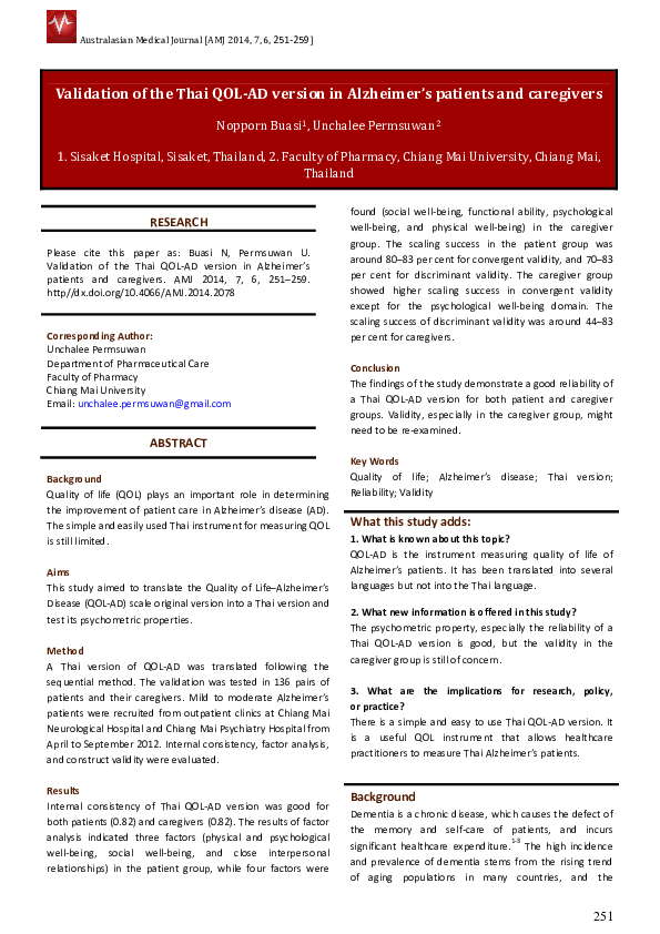 (PDF) Validation of the Thai QOL-AD version in Alzheimer’s patients and caregivers