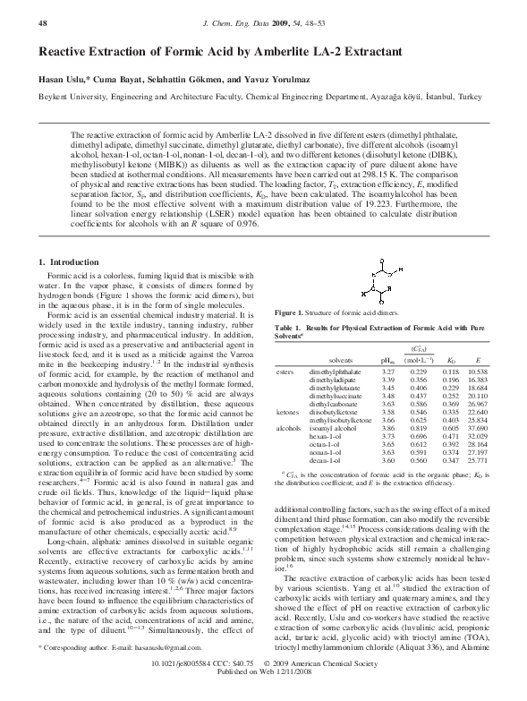 (PDF) Reactive Extraction of Formic Acid by Amberlite LA-2 Extractant ...