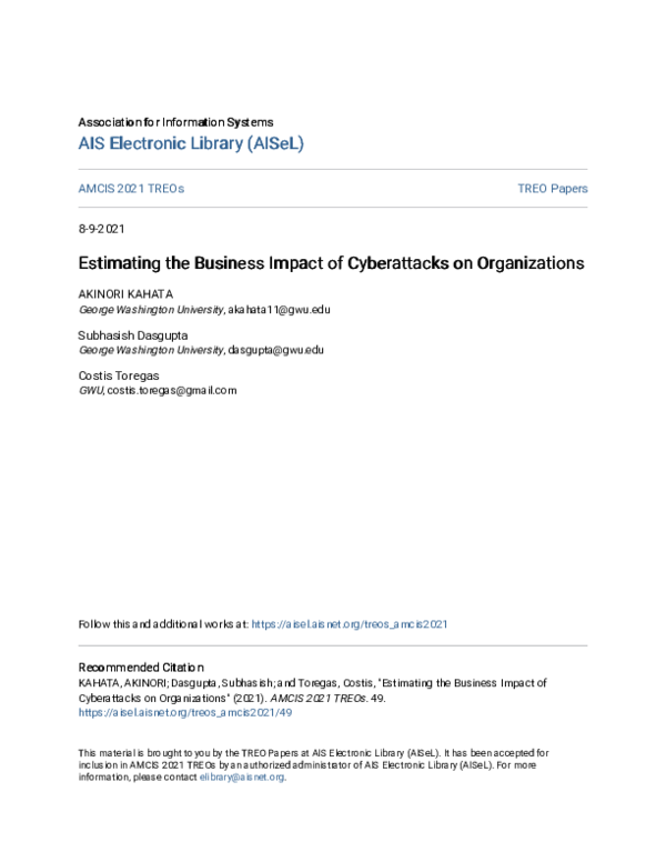 (PDF) Estimating the Business Impact of Cyberattacks on Organizations | Costis Toregas ...