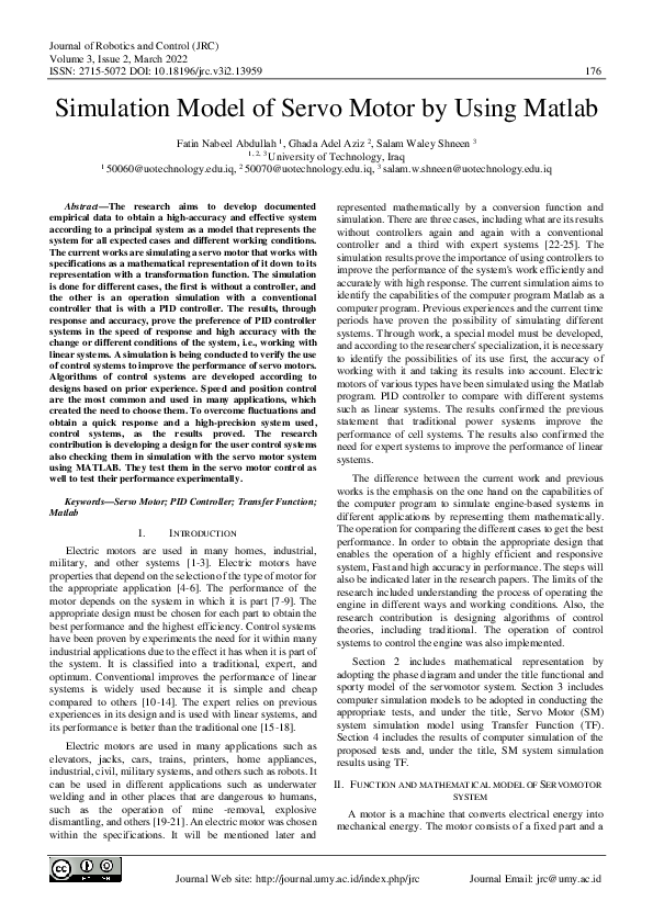 Pdf Simulation Model Of Servo Motor By Using Matlab